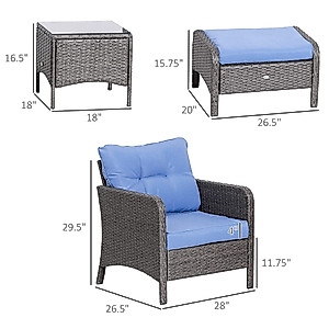 Outsunny 5 Pieces Rattan Wicker Lounge Chair Outdoor Patio Conversation Set with 2 Cushioned Chairs, 2 Ottomans and Tempered Glass Top Coffee Table, Blue