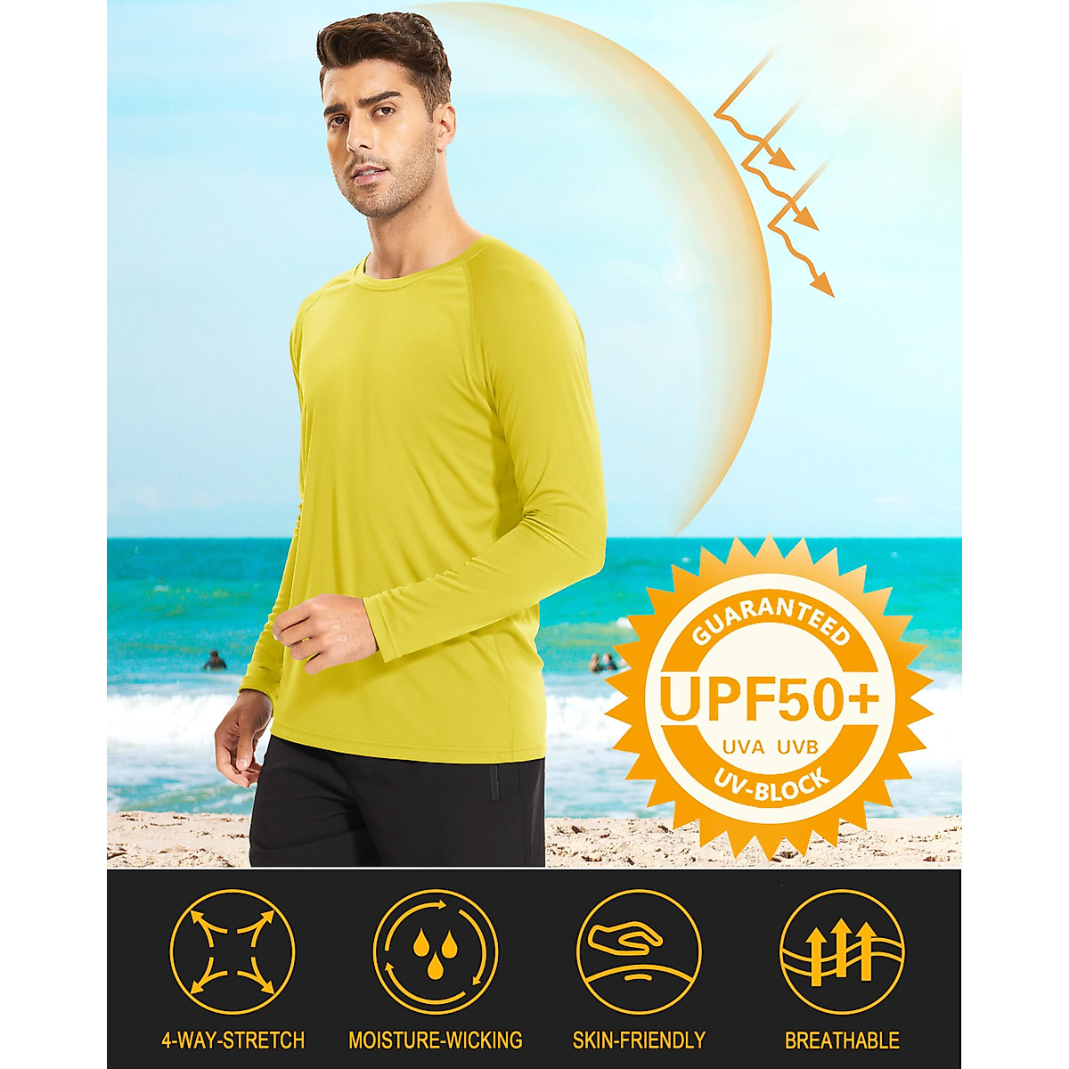Men's Long Sleeve UPF 50 Workout Shirt - Athletic, Fishing, Hiking, Swimming - Yellow, MAGCOMSEN