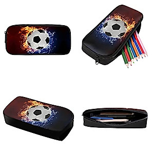 Salabomia Soccer Backpack for School Water & Fire Soccer Ball Backpack with Lunch Box Kids School Bookbag 3 in 1 Set School Bag with Lunch Bag Pencil Case, Large Lightweight Kids Backpack for School with Insulated Lunch Bag Cute Kawaii Pen Case, Blue