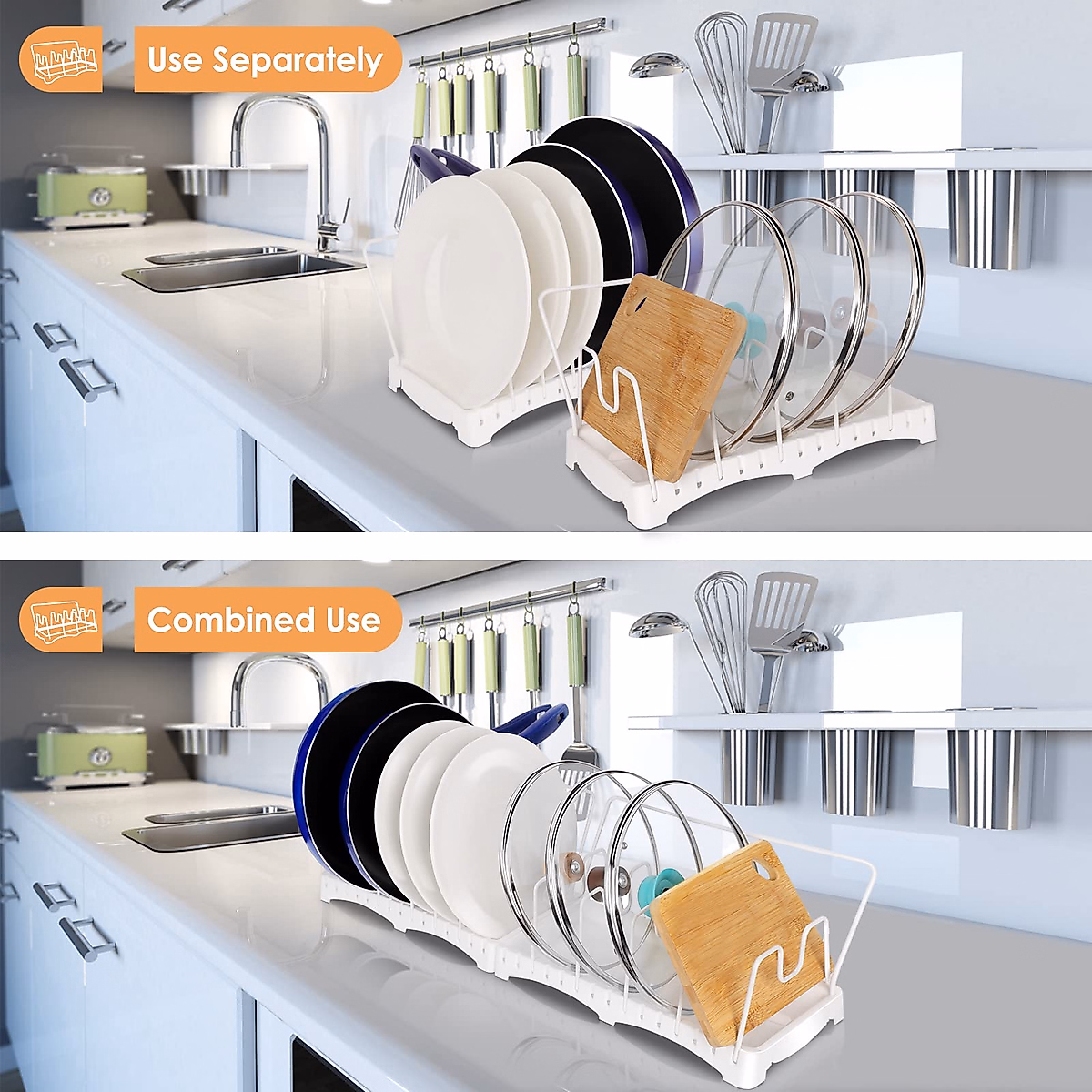 Zvonema ZNM Pan Organizer, Expandable Pot and Pan Organizer for Cabinet, Pots Lid Organizer Rack Holder with 10 Adjustable Compartment for Kitchen Pantry Storage, White