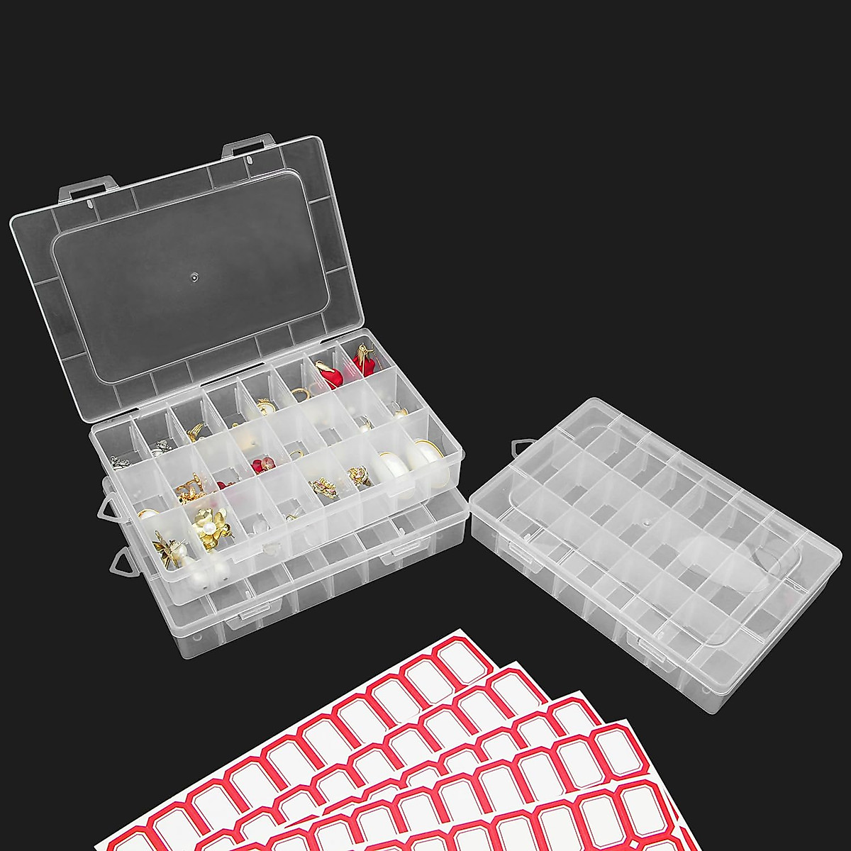 CAZCAL 3pack 24 Grids Clear Plastic Organizer Box with Adjustable Dividers for Beads Organizer Earrings Necklaces Art DIY Crafts Jewelry Fishing Tackles craft storage with 5 Sheet Label Stickers