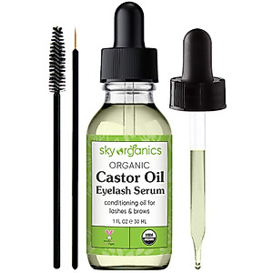 Organic Castor Oil Eyelash Serum By Sky Organics (1oz x 2 Pack) Cold-Pressed, 100% Pure Castor Oil - Dry Skin, Hair Growth, Eyelashes & Eyebrows growth- Caster Oil Lash Enhancer with Mascara Brushes
