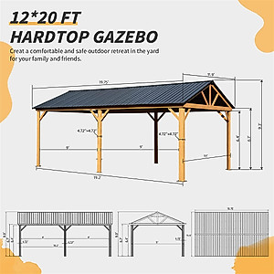 Evedy 12' x20' Wood Hardtop Gazebo, Solid Wood Hardtop Pavilion, Galvanized Steel Gable Roof Gazebo Pergola with Wood Grain Aluminum Frame, for Patio, Lawn, Garden, Easy Installation