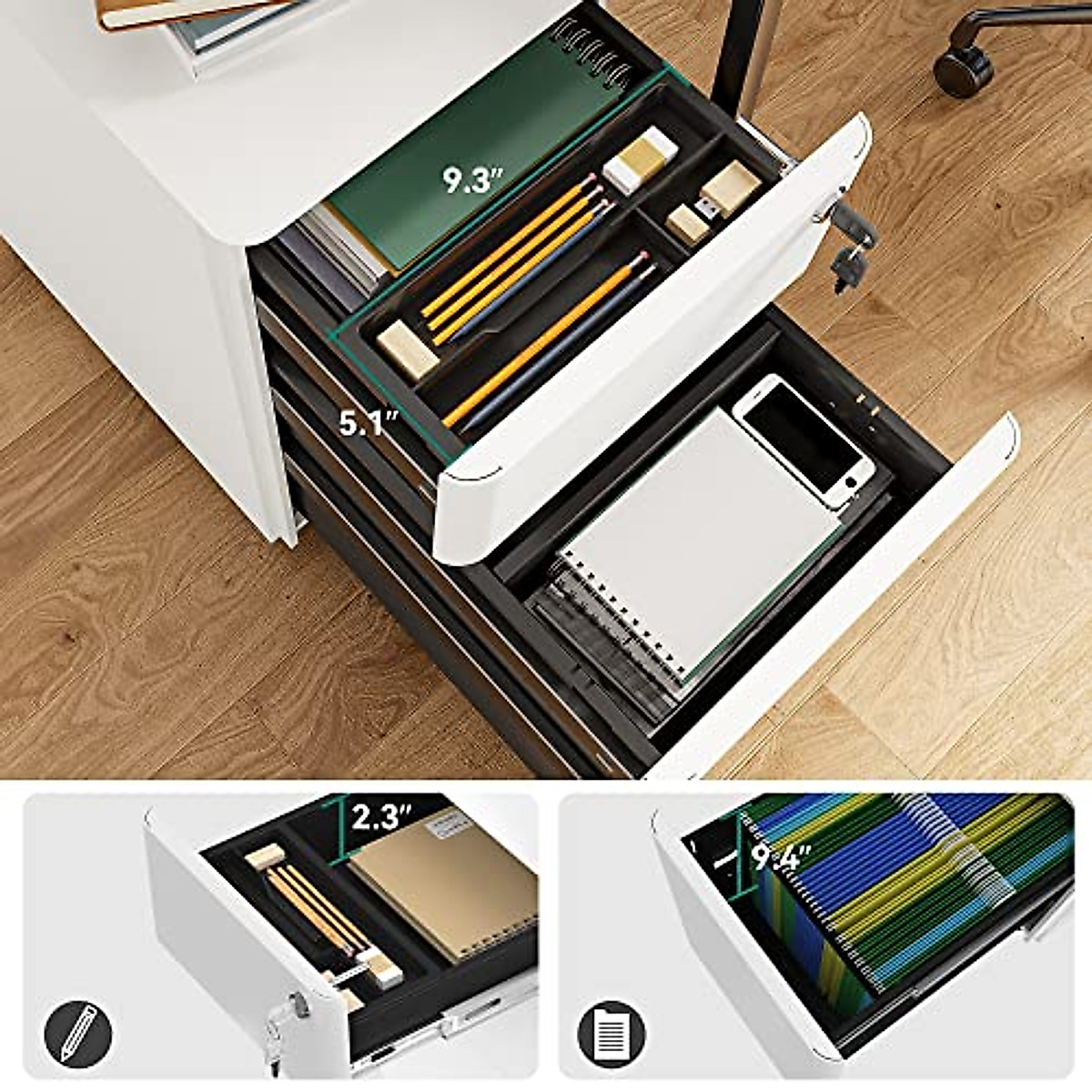 YITAHOME 3-Drawer Metal Filing Cabinet Office Drawers with Keys, Compact Slim Portable File Cabinet, Pre-Built Office Storage Cabinet for A4/Letter/Legal (White)