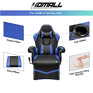 Homall Gaming Recliner Chair Racing Style PU Leather Gaming Chair Ergonomic Adjusted Reclining Office Desk Chair Home Theater Single Sofa Chair with Footrest Headrest and Lumbar Support (Blue)