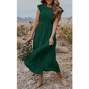 MEROKEETY Women's Summer Casual Short Sleeve Round Neck Smocked High Waist Flowy Sun Midi Dress,ForestGreen,L