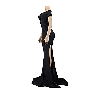 Uni Clau Women's Sexy Off Shoulder Dress High Split Short Sleeve Evening Long Bodycon Maxi Dress V Neck Cocktail Party Club Gown Black 2XL