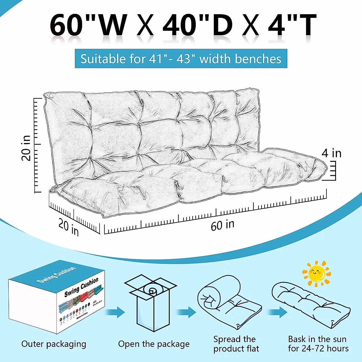 HZODJBH Swing Replacement Cushion, Outside Bench Cushion with Backrest, 2-3 Seater Cushion with Ties for Outdoor Furniture, 60 x 40 x 4 Inches Porch Swing Cushion Garden Bench (Brown)