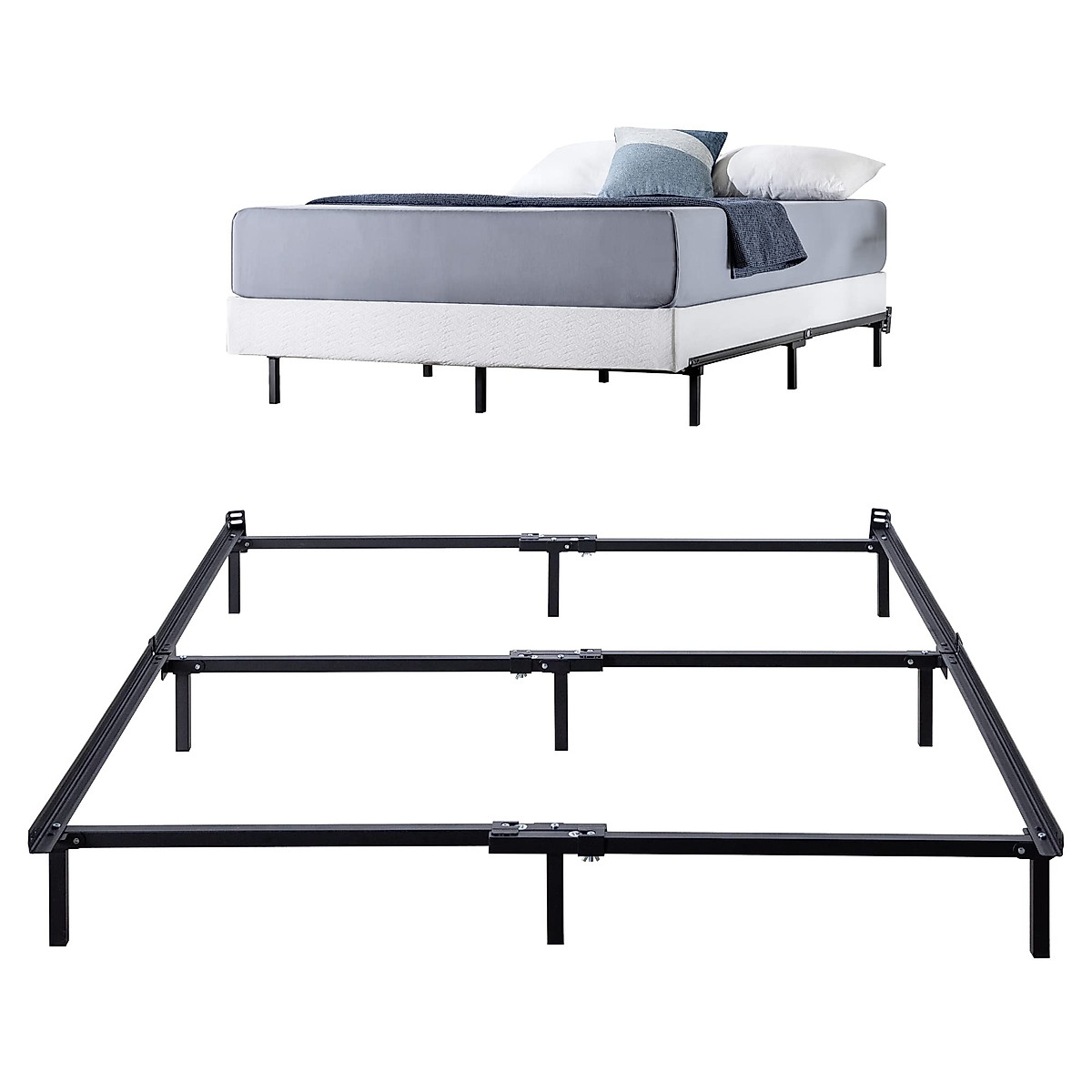 Zinus No Assembly Metal Box Spring / 7.5 Inch White Mattress Foundation/Sturdy Metal Structure, Split King & Compack Metal 7 Inch Support Bed Frame for Box Spring and Mattress Set, Black, King