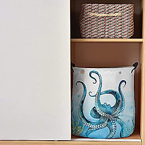 Octopus Laundry Hamper Large Waterproof Lightweight Collapsible Storage Basket, Toy Dirty Clothes Organizer for Bedroom Office Dorm, Boys and Girls - Blue Octopus Ocean Marine Life Theme