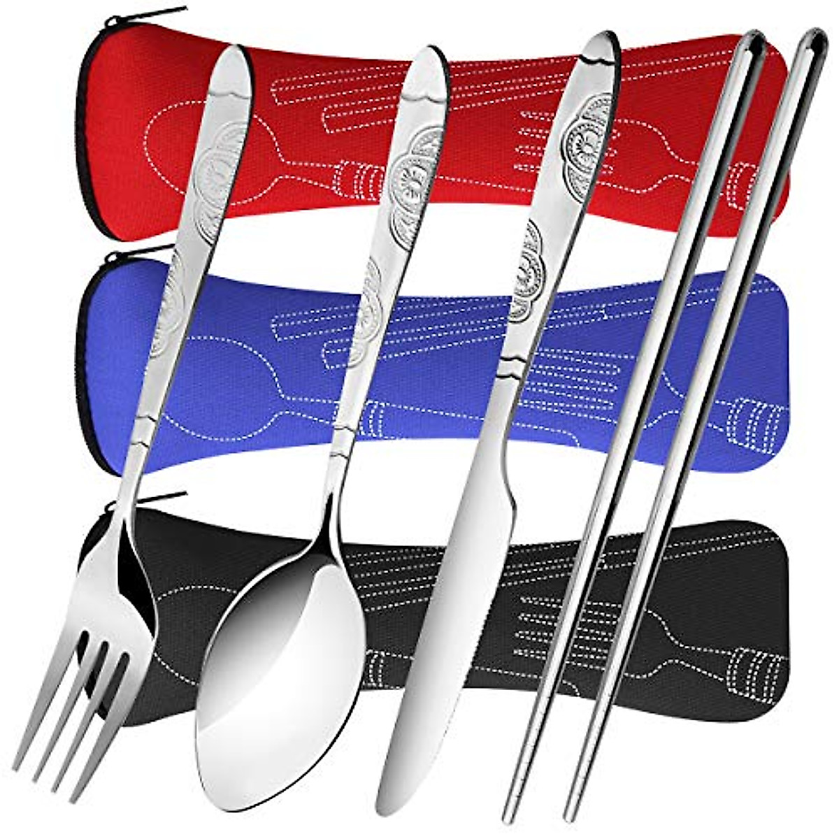 Arroyner 3 Pack Reusable Flatware Sets Knife, Fork, Spoon, Chopsticks, 12Pcs Portable Travel Stainless Steel Tableware Dinnerware with Carrying Case