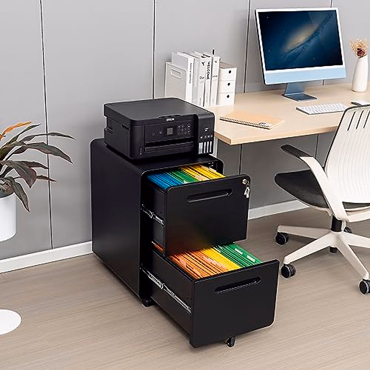 LVSTEEL 2 Drawer Mobile File Cabinet with Lock,Under Desk Metal Filing Cabinet for Home Office fits Legal/Letter,Fully Assembled Except Wheels,Black