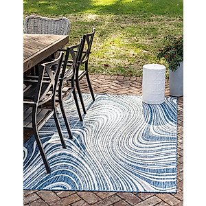 Unique Loom Outdoor Modern Collection Area Rug - Pool (6' 1" x 9' Rectangle, Blue/ Ivory)