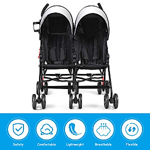 BABY JOY Double Light-Weight Stroller, Travel Foldable Design, Twin Umbrella Stroller with 5-Point Harness, Cup Holder, Sun Canopy for Baby, Toddlers (Black)