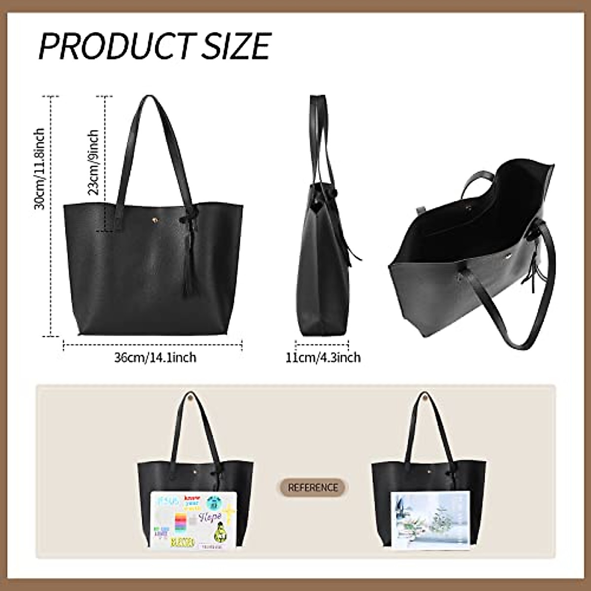 Black Work Tote Handbags for Women Tote Purse with Purse Organizer PU Leather Tote Bag Large Women's Tote Bags and Bag Organizer Insert with Zipper Pouch Lining, Layered Storage for Easy Organization
