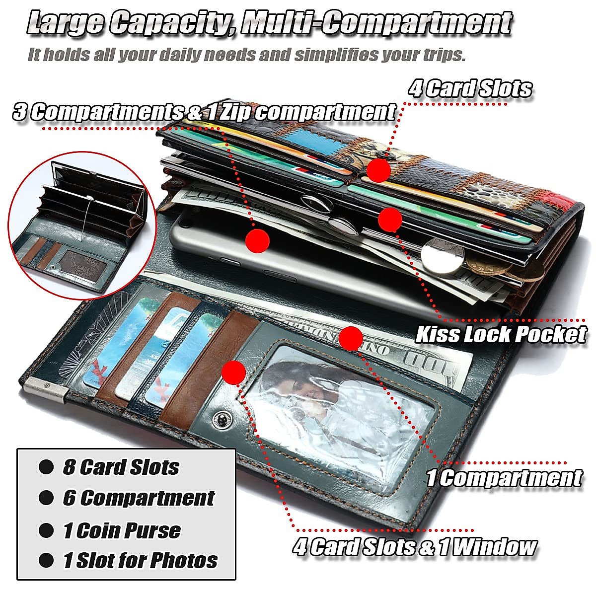 Karoukee Womens Patchwork Genuine Leather Wallet Fancy Colorful Large Capacity Phone Clutch Credit Card Holder Kiss Lock Coin Purse