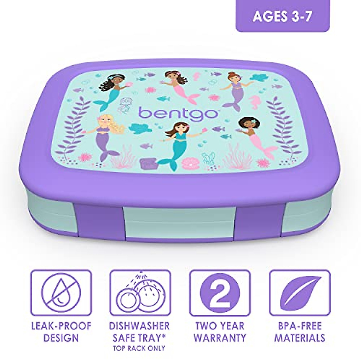 Bentgo® Kids Prints Leak-Proof, 5-Compartment Bento-Style Kids Lunch Box - Ideal Portion Sizes for Ages 3 to 7 - BPA-Free, Dishwasher Safe, Food-Safe Materials (Mermaids in the Sea)