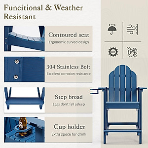 LUE BONA Tall Adirondack Chairs Set of 2 with Removable Table,Poly Adirondack Chair Bar Stools with Cup Holder, 25.6", 300Lbs, Weather Resistant Lifeguard Chair for Balcony,Deck