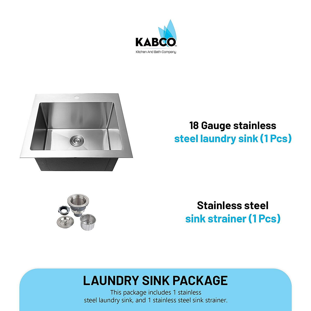 KABCO KLA01SS 25 Inch Wide 12 Inch Deep Commercial Sink 18 Gauge Undermount or Topmount Drop In Single Bowl Stainless Steel Laundry Utility Sink with Kitchen Sink Strainer 25x22x12 Inch