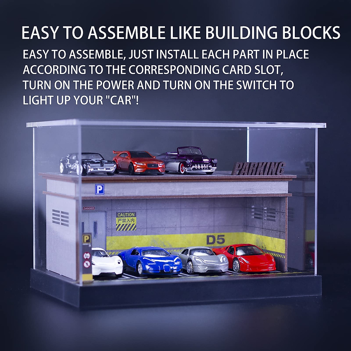 SIKIVOT 1/64 Scale Parking Lot Model Car，Die-cast Car Garage Display Case， Scale Garage Display Case，8 Parking Space with LED Light and Acrylic Cover (7641D5)
