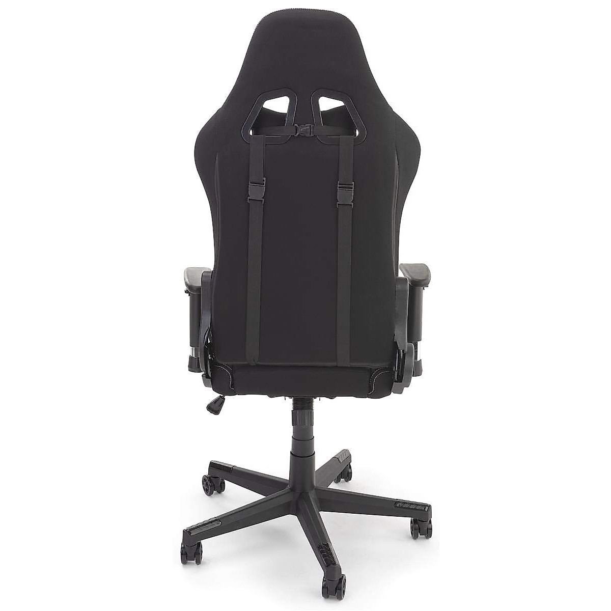 Displays2go Racing Style Gaming Chair for Office and Home Desk, Ergonomic Adjustments and Lumbar Support Pillow, Fabric Seat - Black (FDGAMECHGY)