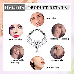 LOYALLOOK 8PCS 16G Septum Clicker Ring Stainless Steel CZ Opal Cartilage Helix Tragus Hoop Daith Earrings Nose Hinged Segment Ring Piercing Jewelry 10MM