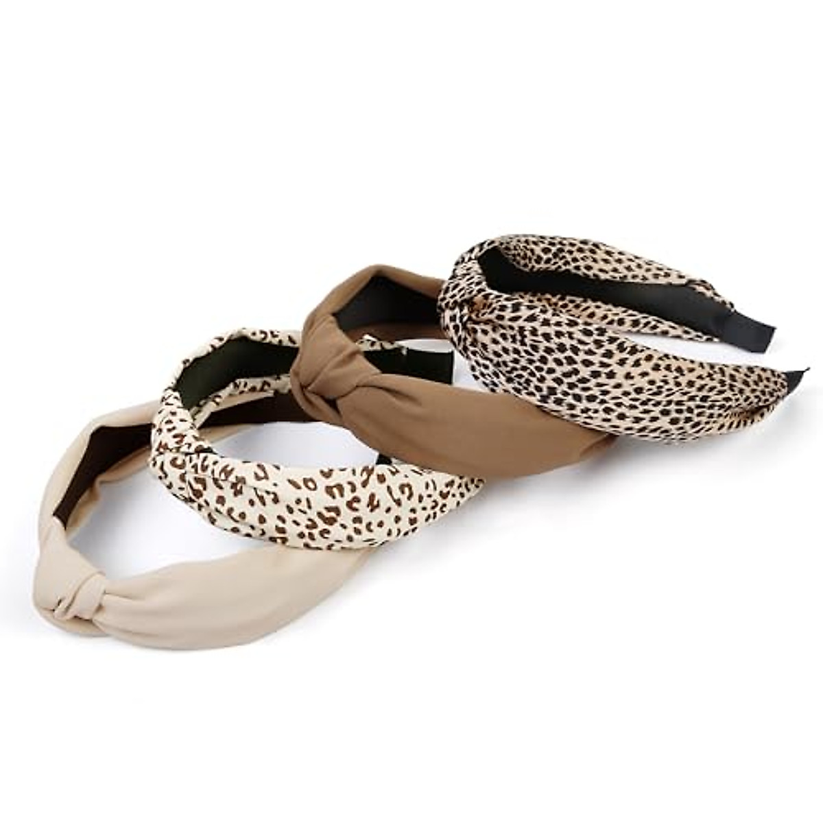 Knotted Fashion Hairbands and Hair Hoops: Non-Slip Top Knot Headbands with Leopard Print for Women and Girls - 4PCS Beige Brown Hair Accessories Set