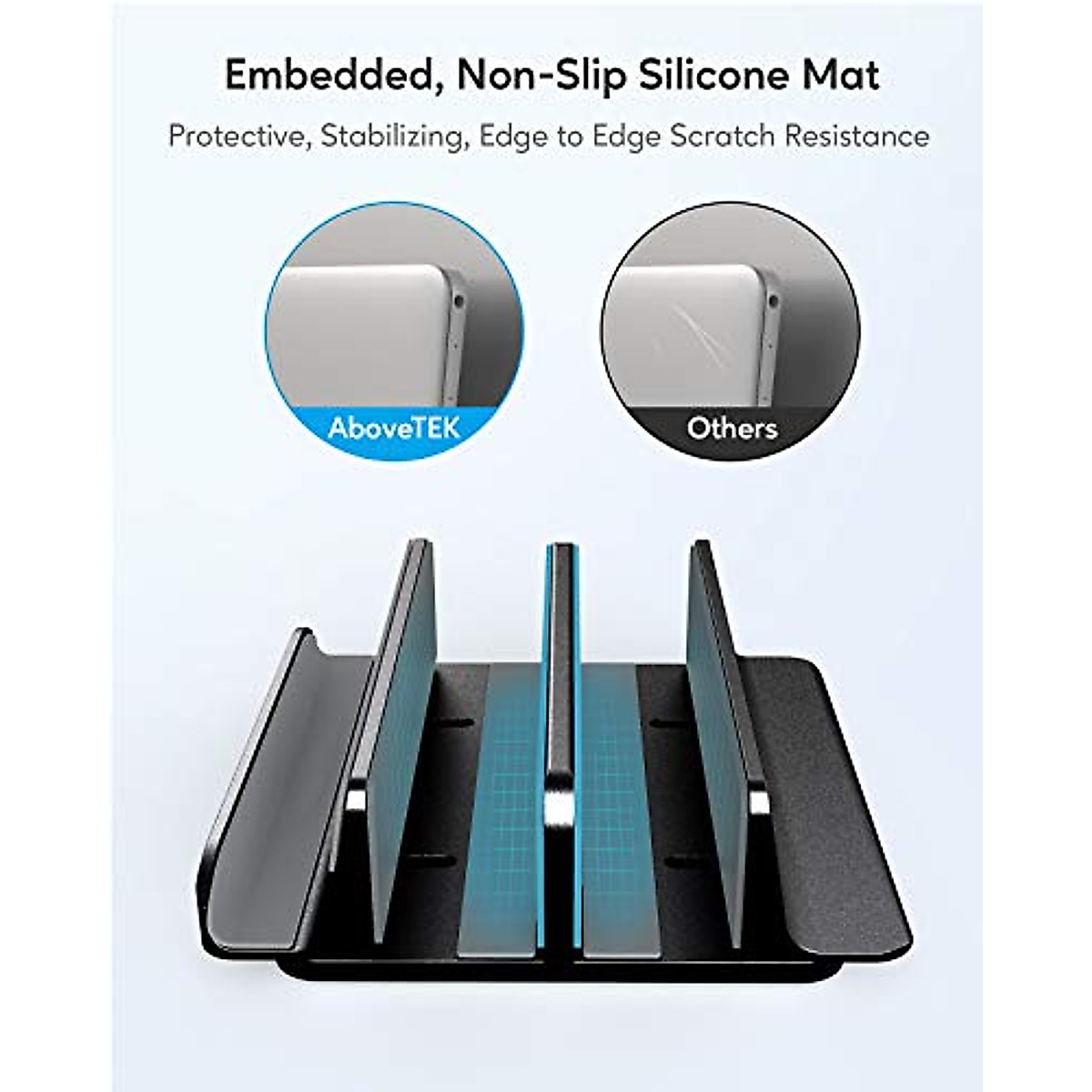 AboveTEK Vertical Laptop Stand 3 Slots for Computer, Tablet, Phone - Fits All Laptop Models (up to 17.3") - Heavy Duty Polished Aluminum Desktop Holder - Anti Slide Silicone Grips - Black