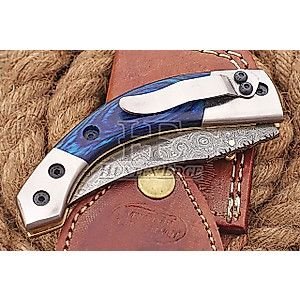 HUNTEX Handmade Hand-Forged Rain Drop Pattern Damascus Steel 4 Inch Long Pakka Wood Handle Razor Sharp Hunting Camping Trailing Pocket Knife w/Pocket Clip & Genuine Leather Pouch
