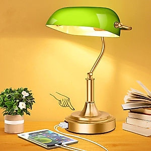 Bankers Lamp with 2 USB Ports, Touch Control Green Glass Desk Lamp with Brass Base, 3-Way Dimmable Vintage Desk Lamp for Home Office Workplace Nightstand Bedroom Library Piano, LED Bulb Included