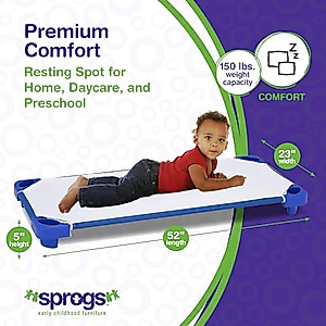 Sprogs Heavy-Duty Stackable Standard Size 52"L Daycare Cots for Kids and Toddlers, Stacking Preschool Classroom Kids Cots for Sleeping, Resting, Naptime, Pack of 6, Blue