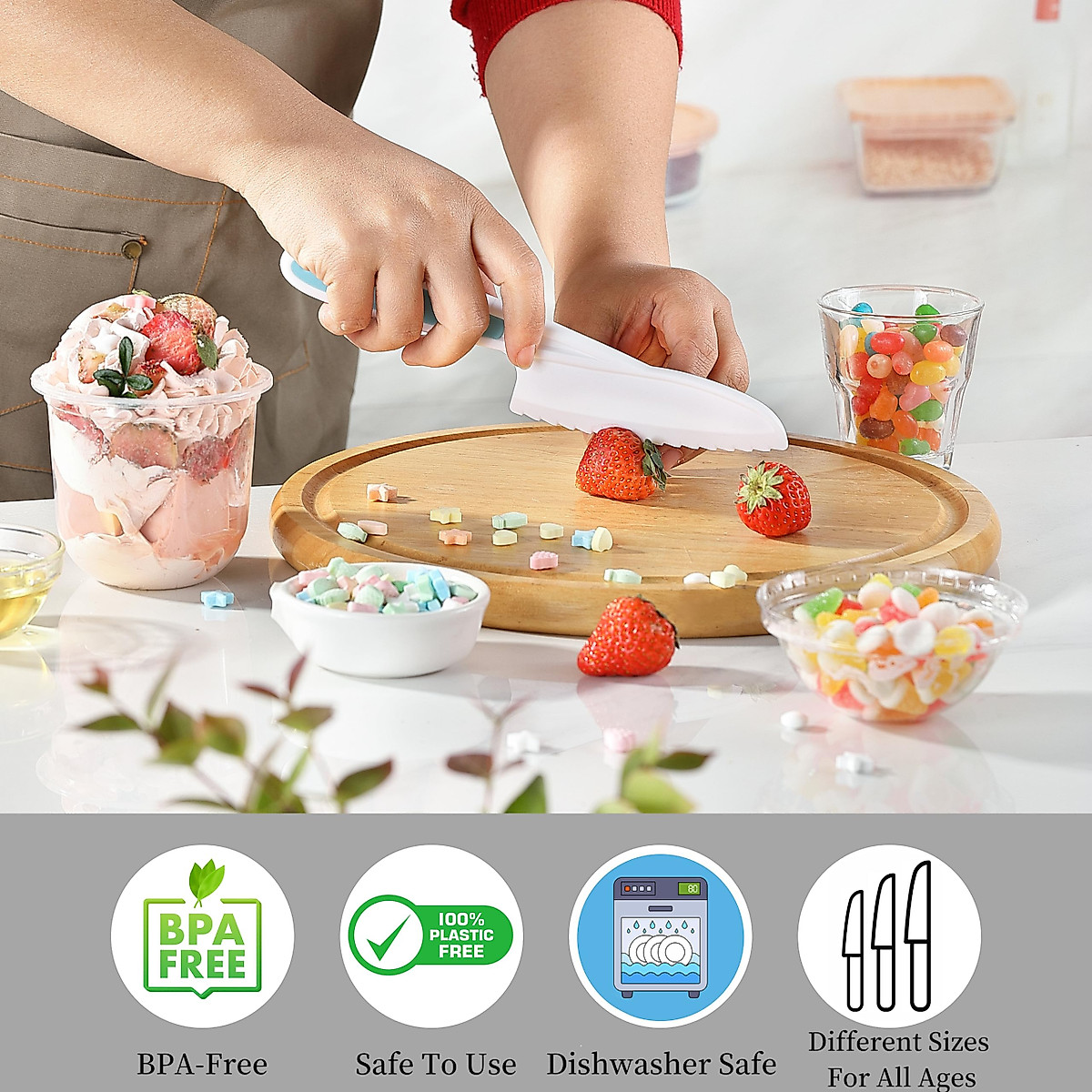 COKUMA 3PCS Toddler Knife Set, Plastic Kids Knife Set for Real Cooking, Round Tips with Serrated Edges, Perfectly Safe Kids Knife Set (Orange, Blue, Green)