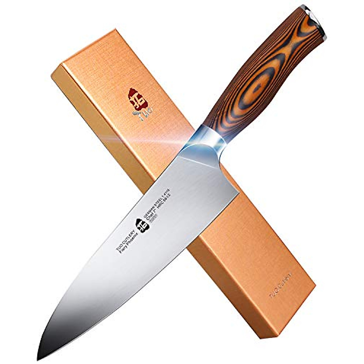 TUO Chef Knife- Kitchen Chefs Knife - High Carbon German Stainless Steel Cutlery - Rust Resistant - Pakkawood Handle - Luxurious Gift Box Included - 7 - Fiery Phoenix Series