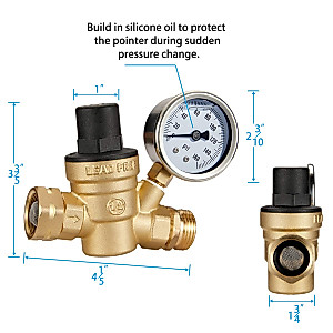 Esright Brass Water Pressure Regulator 3/4 Lead-Free with Gauge for RV Camper Adjustable Water Pressure Regulator,Build-in Oil (NH Threads)