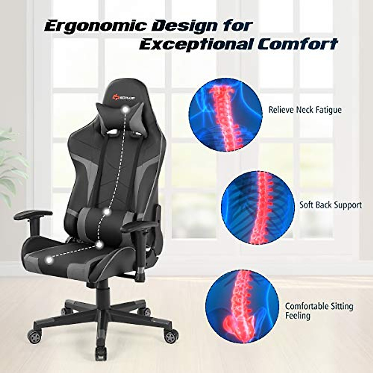 Goplus Gaming Desk & Chair Combo Set, Racing Style X Shaped E-Sport Gamer Desk & PVC Computer Chair w/Cup & Headphone Holder, Mouse Pad, Headrest & Massage Lumbar Support for Home Office (Grey)