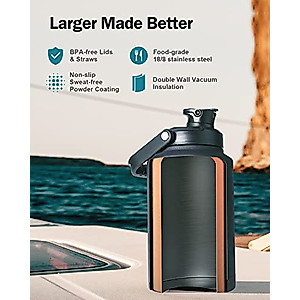 BUZIO Insulated Gallon Water Bottle with Straw Lid and Carrying Sleeve, 128oz Stainless Steel Water Jug with Two Stainless Steel Cups, Hot Cold Metal Canteen Water Flask, Black
