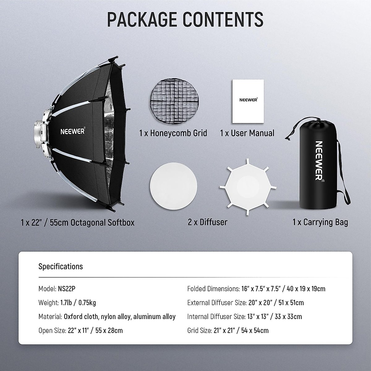 NEEWER 22"/55cm Octagonal Softbox, Quick Release Bowens Mount Softbox with Honeycomb Grid, Light Diffusers, Bag for RGB CB60 CB60B CB200B MS60B MS60C MS150B S101-300W/400W Pro Vision 4 Q4, NS22P