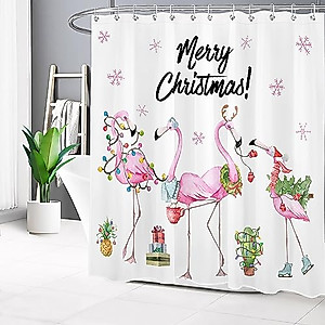 WEENEO Merry Christmas Shower Curtain Funny Pink Flamingo and Cactus Plant with Xmas Decorations on White Shower Curtain for Bathroom Winter Holiday Fabric Bath Curtain with 12pcs Hooks,72x72 Inch