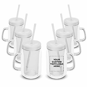 DISCOUNT PROMOS Custom Mason Jars with Straw 17 oz. Set of 10, Personalized Bulk Pack - Glass Jars for Overnight Oats, Candies, Fruits, Pickles, Spices, Beverages - Clear