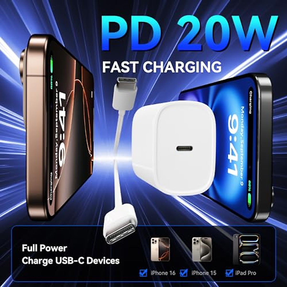 Phone 16 15 Pro Charger Fast Charging, 20W USB C Charger Block with 6ft Long USB C Charging Cable Cord for Phone 16/16 Pro/16 Pro Max/16 Plus/15/15 Pro/15 Pro Max/15 Plus,i-Pad, Galaxy S24-White