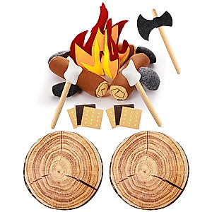17 Pcs Pretend Camping Play Set, 2 Pcs Decorative Round Throw Pillow, Camping Safe Fake Campfire Plush Wood Shaped Floor Cushion for Adults Dramatic Play Camping Home Outdoor Decorations