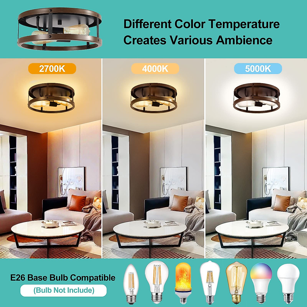 EAPUDUN Farmhouse Flush Mount Ceiling Light, 13" Imitation Wood 2-Light Fixture, Retro Style Lamp for Hallway, Entryway, Bedroom, Kitchen, Dining Room (FMA1138-FBDT)