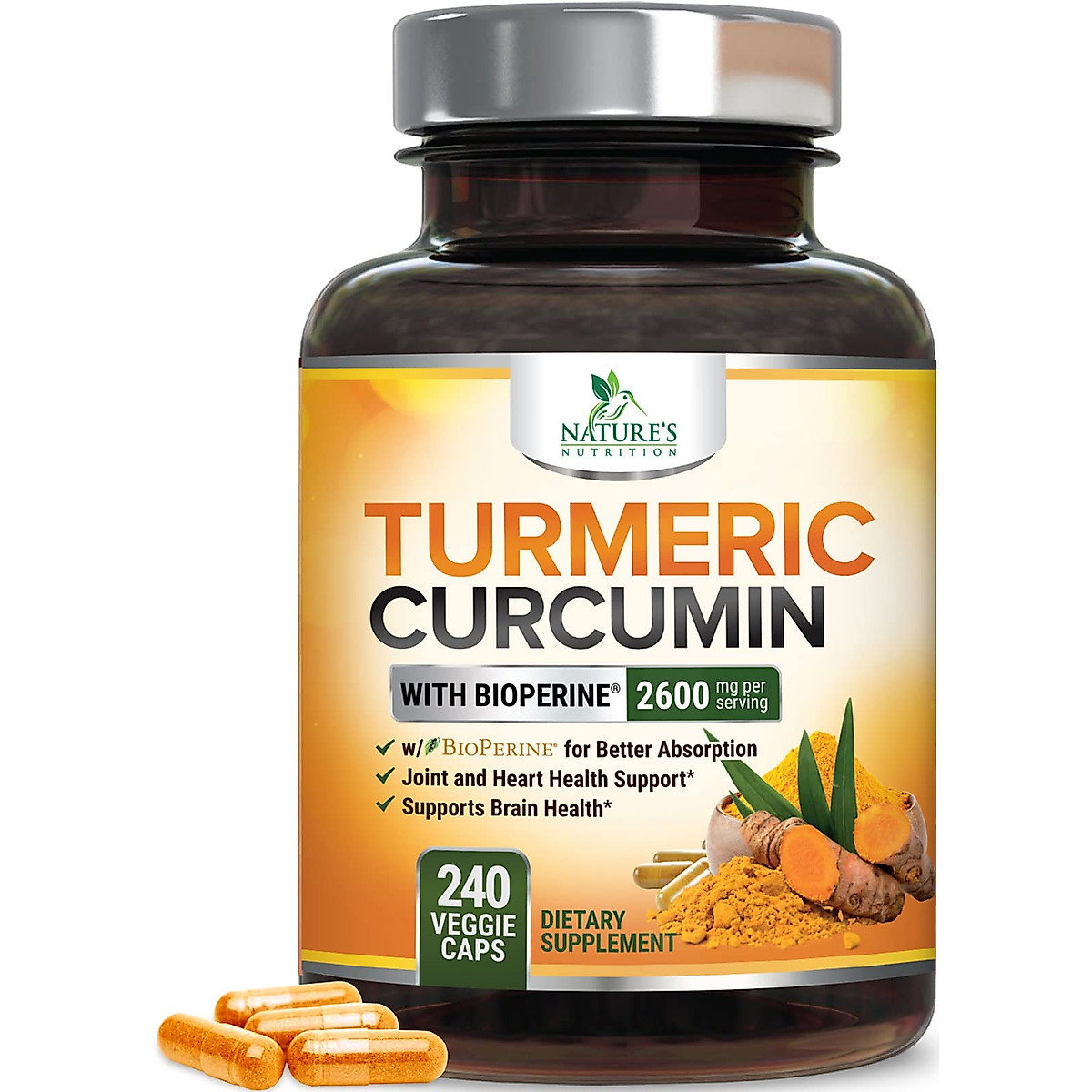 Turmeric Curcumin Supplement with BioPerine 95% Curcuminoids 2600mg with Black Pepper for Best Absorption, Bottled in USA, Best Natural Vegan Joint Support, Nature's Tumeric Capsules - 240 Capsules