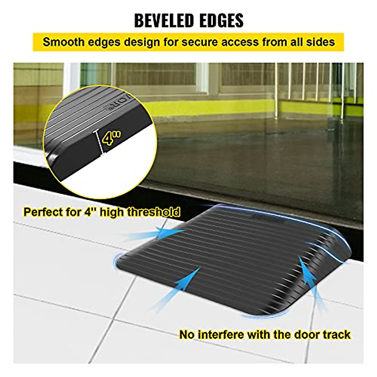 VEVOR Rubber Threshold Ramp, 4" Rise Threshold Ramp Doorway, Recycled Rubber Power Threshold Ramp Rated 2200 Lbs Load Capacity, Non-Slip Surface Rubber Solid Threshold Ramp for Wheelchair and Scooter