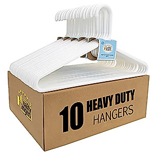 Quality White Hangers 10-Pack - Super Heavy Duty Plastic Clothes Hanger Multipack - 17 inch Thick Strong Standard Closet Clothing Hangers with Hook for Scarves and Belts Coat Hangers (White, 10)