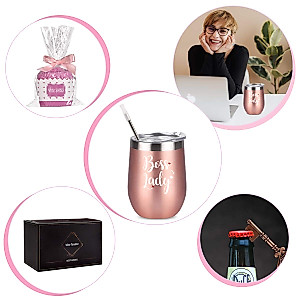 Boss Lady Wine Tumbler Cupcake Wine Socks Set, Bosses Day Christmas Gifts for Women Boss Female Friends Mom, 12 Oz Insulated Stainless Steel WineTumbler with Lid, Socks, Opener, Stopper, Rose Gold