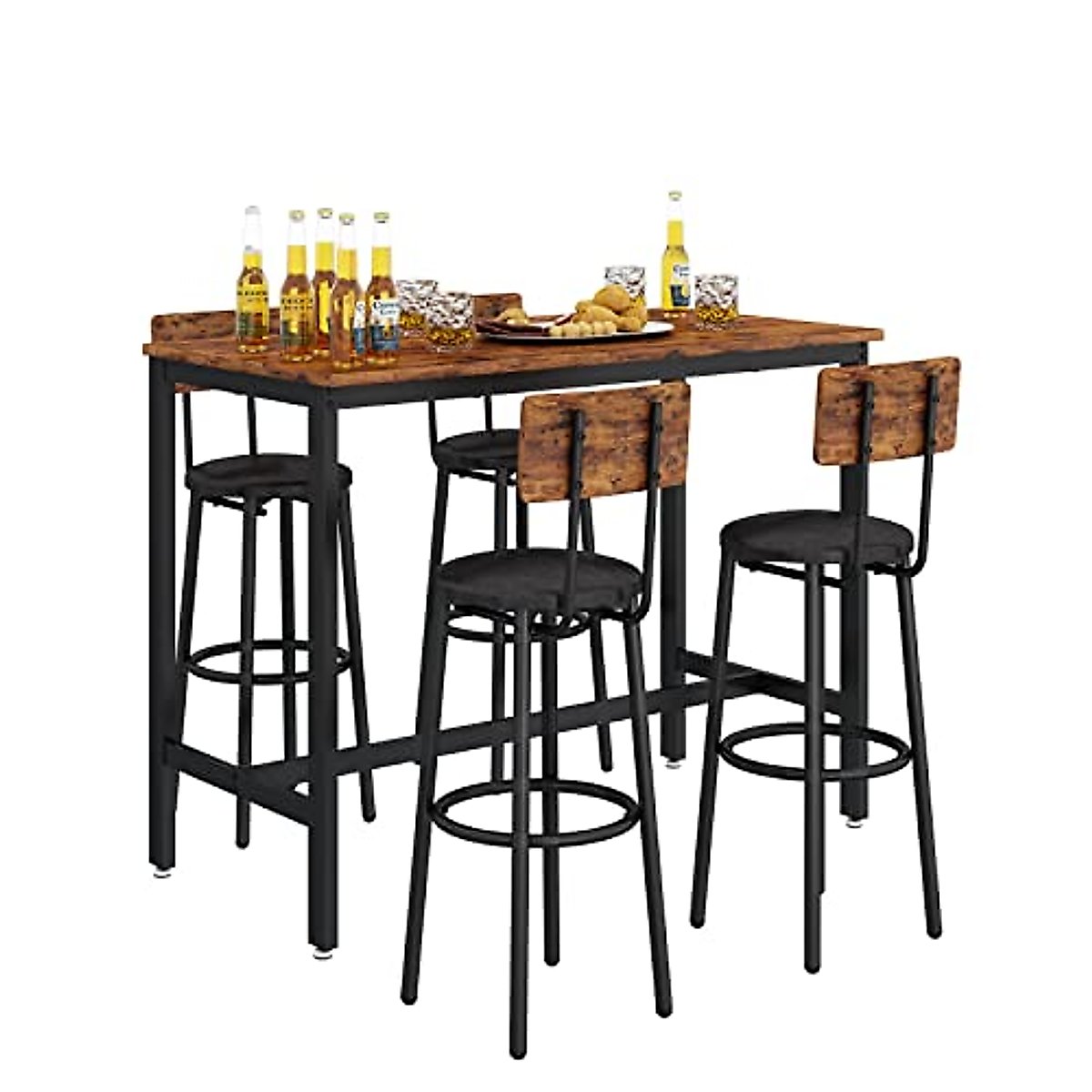 5 Piece Pub Bistro Dining Set, Bar Table Set with 4 PU Bar Stools with Backrest, Industrial Counter Height Dining Table Set for Kitchen Living Room Restaurant Small Space (Rustic Brown-Bar Table Set)