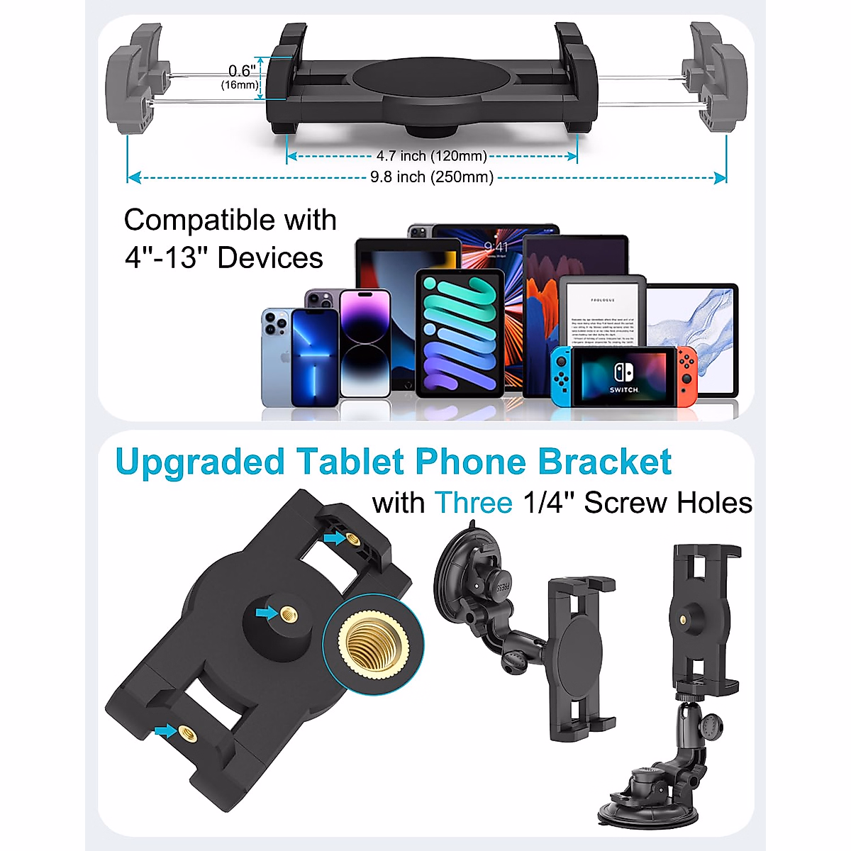 Aozcu Windshield Car Tablet Mount, Window Dashboard Tablet Holder, 95mm Powerful Suction Mount with 1/4'' Screw Tip for iPad Pro 11/ Air/Mini, Galaxy Tabs, More 4-13'' Phone & Tablets, and Camera