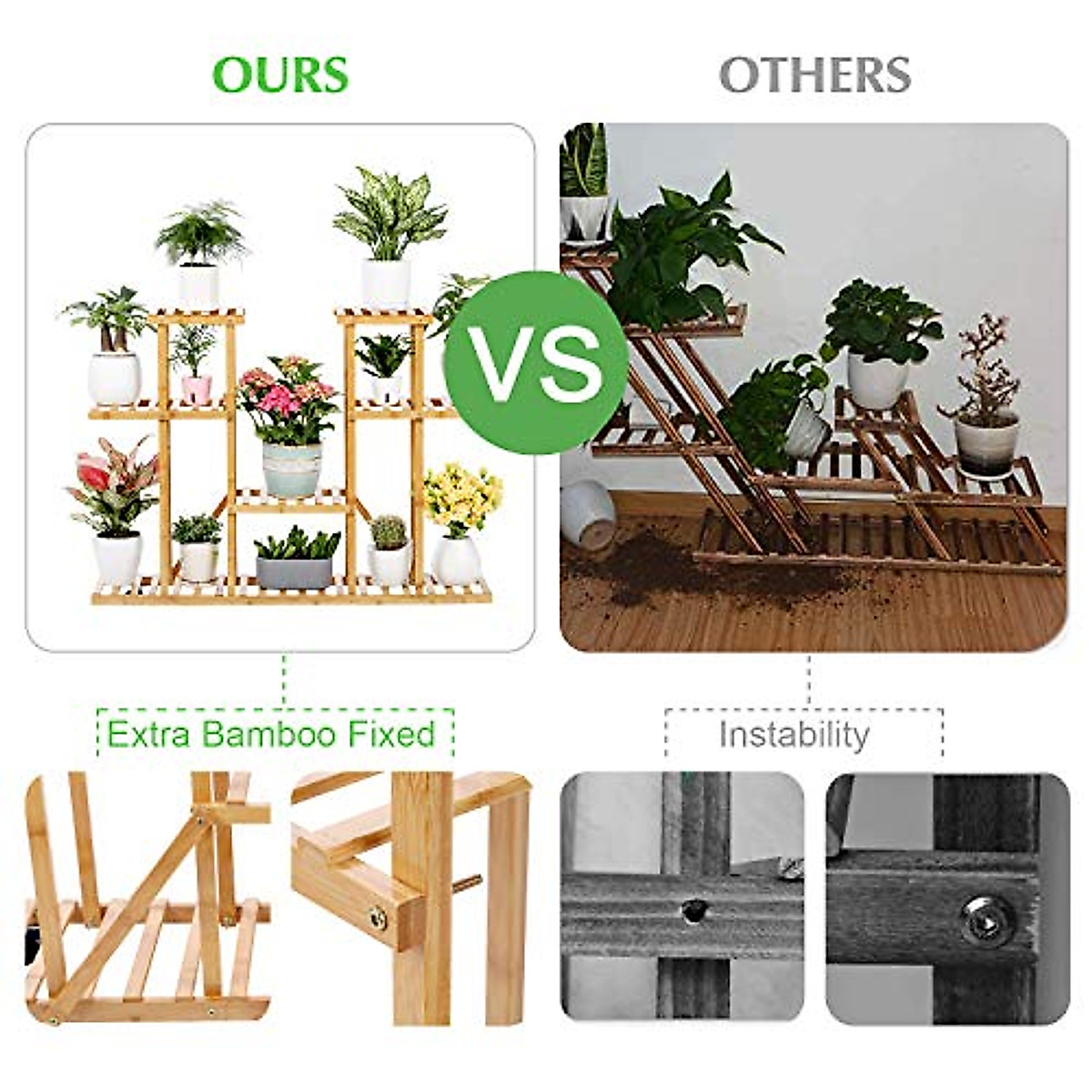 Bamboo Plant Stand Rack 4 Tier Indoor&Outdoor Multiple Flower Pot Holder Shelf Planter Display Shelving Unit for Patio Garden, Living Room, Corner Balcony and Bedroom (13 Flowerpots)