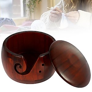Txkrhwa Wooden Yarn Bowl, Round Crochet Bowl, Holder with Holes Pine Knitting Yarn Bowls, Wooden Weaving Thread Bowl with Lid Portable Yarn Storage Bowl for DIY Knitting Crafts 5.9x5.9x3inch